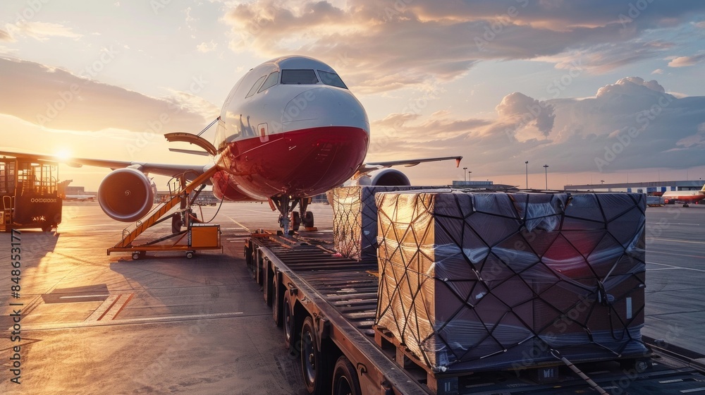 Air cargo logistic containers are loading to an airplane. Air transport ...