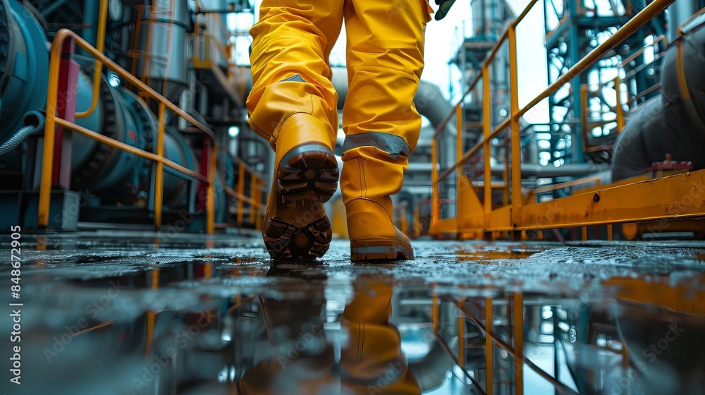 Industrial worker in yellow rain gear walking on a wet metal walkway in ...