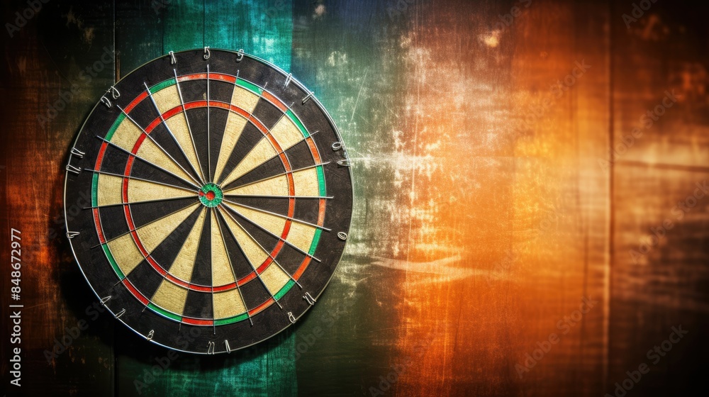 Photograph of a dartboard with a dart piercing the center, depicted in ...