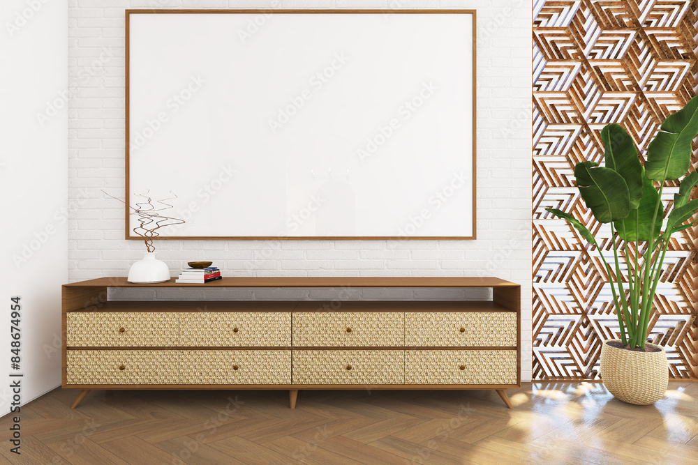 3d render of minimal interior design cnc window with credenza and frame ...