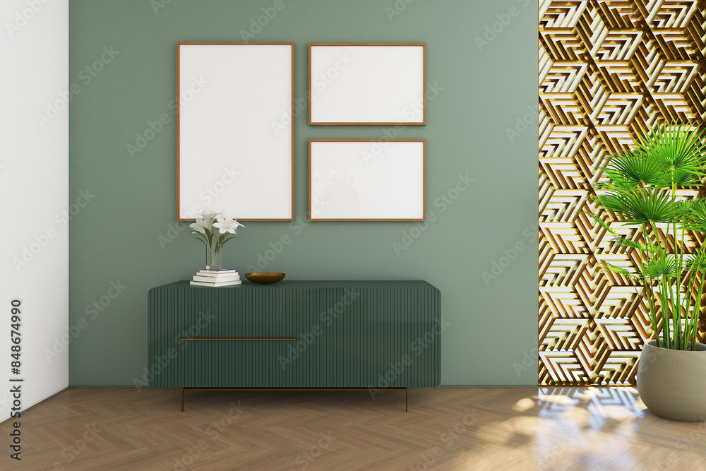 3d render of minimal interior design cnc window with credenza and frame ...