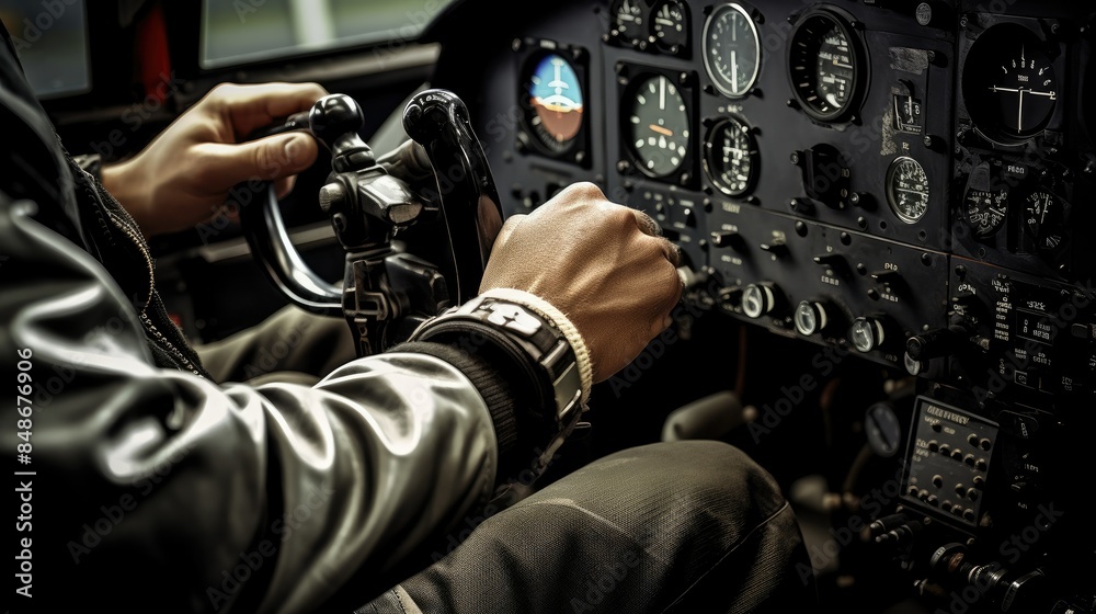 Photograph of a pilot's hands expertly maneuvering the controls of an ...
