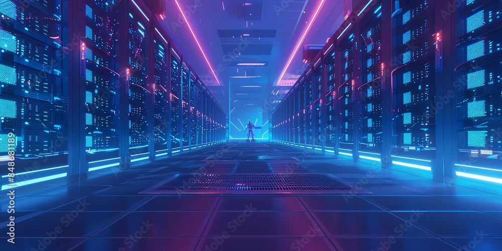 rows of servers in a large data center, in detailed data center ...