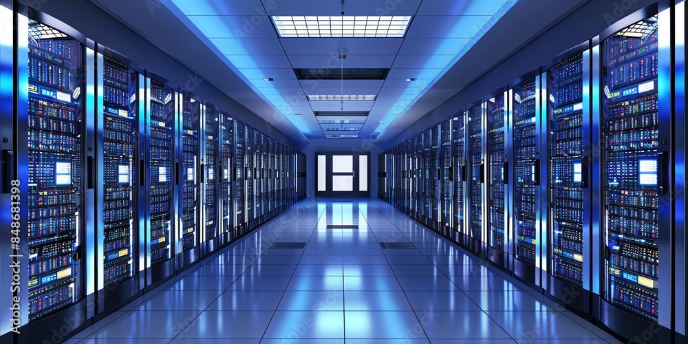 rows of servers in a large data center, in detailed data center ...