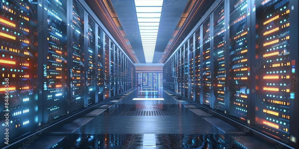 rows of servers in a large data center, in detailed data center ...