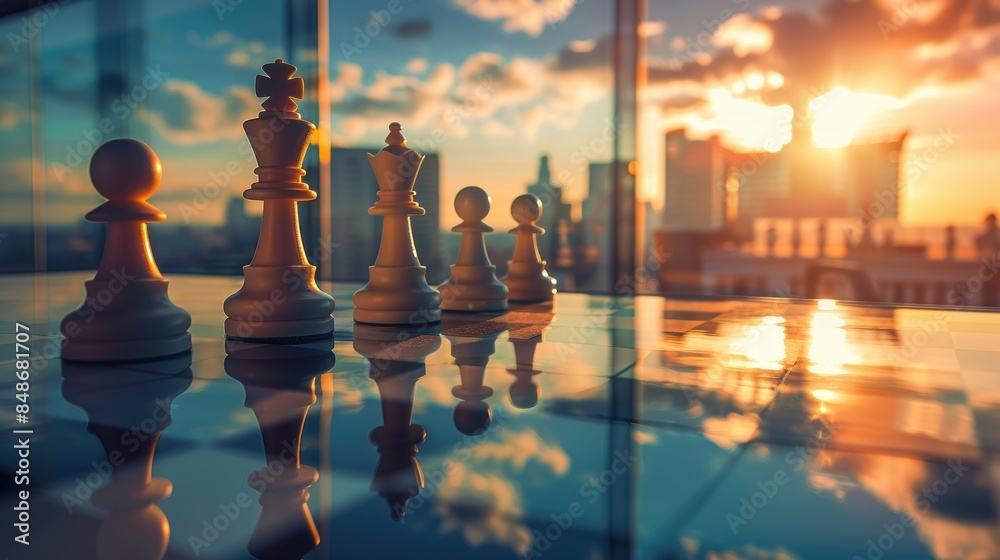 Chess pieces on a reflective chessboard in a modern executive office ...
