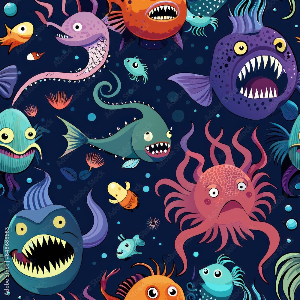 Seamless pattern of mysterious and elusive deep-sea creatures like ...