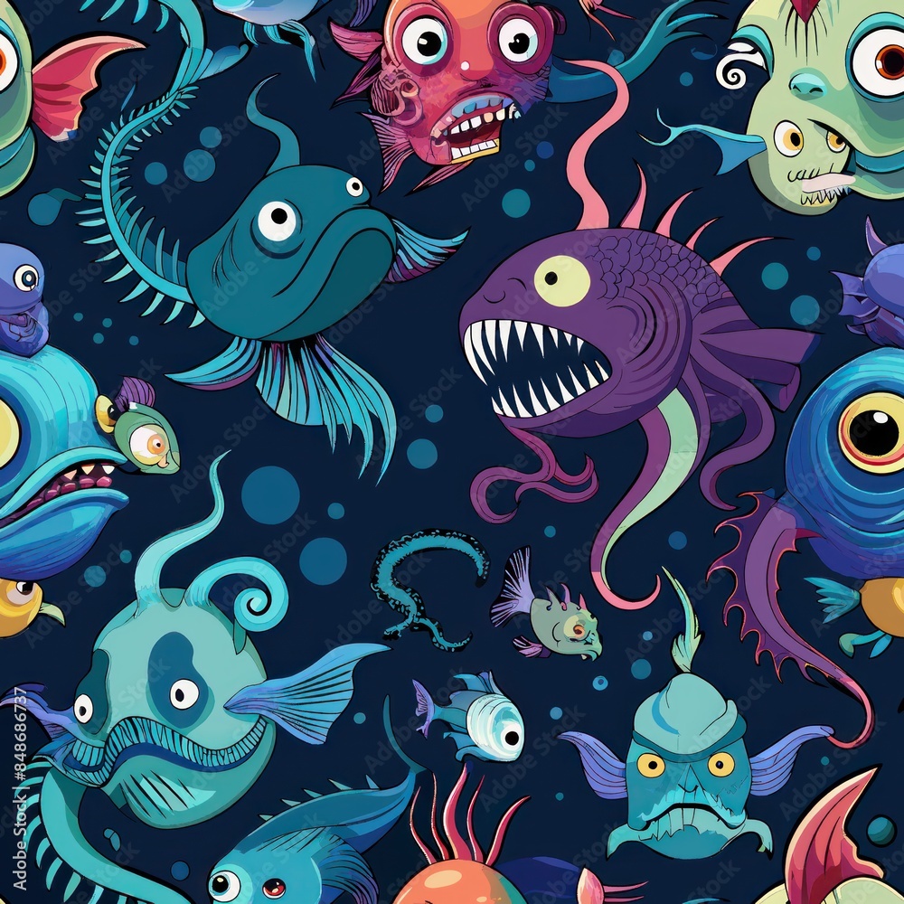 Seamless pattern of mysterious and elusive deep-sea creatures like ...
