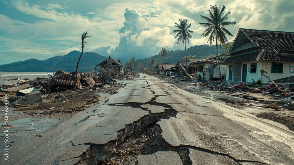 Cracked road after tsunami and earthquake, destroyed coastal houses on ...