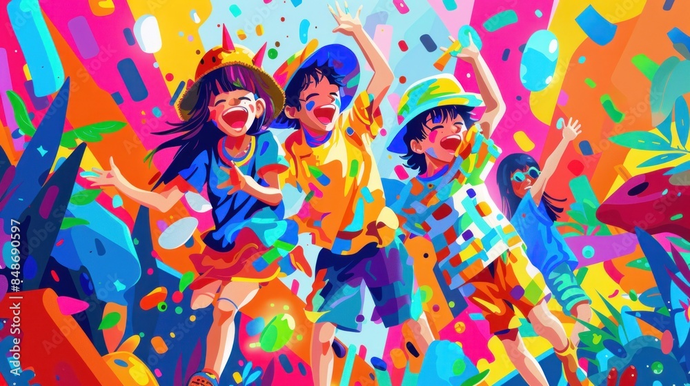 An animated pop art style illustration of kids playing dress-up in a ...