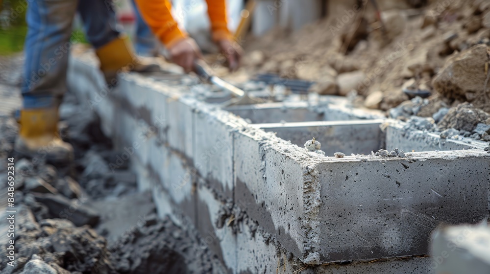 Detailed view of concrete block installation, builders using tools to ...