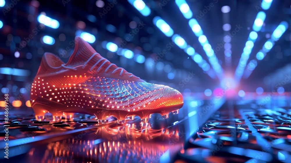 High-tech soccer shoe featuring holographic patterns, smart sensors ...