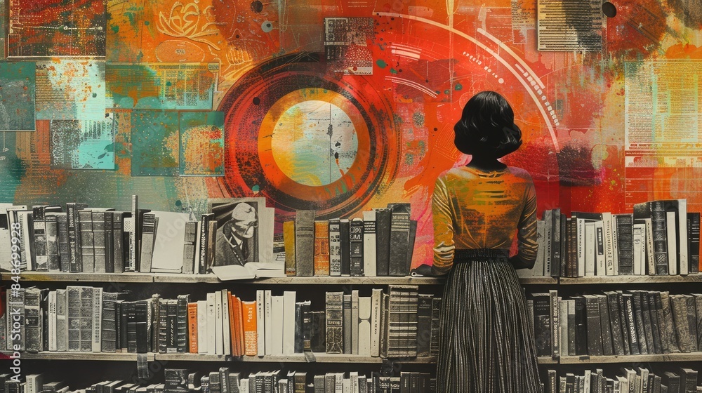 Woman Observing Abstract Art in Modern Library with Bookshelves Stock ...