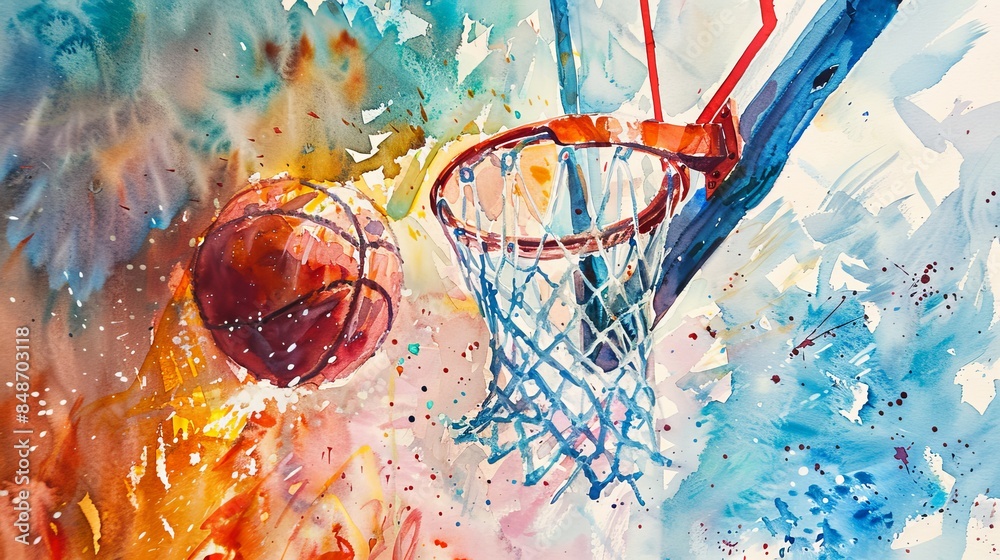 Vibrant watercolor painting of a basketball going through a hoop ...