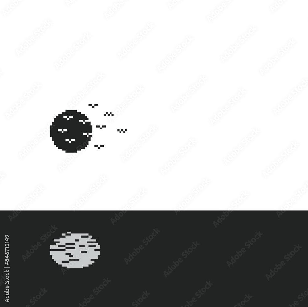 Pixel art of full moon and its shadow of birds on the sea with black ...