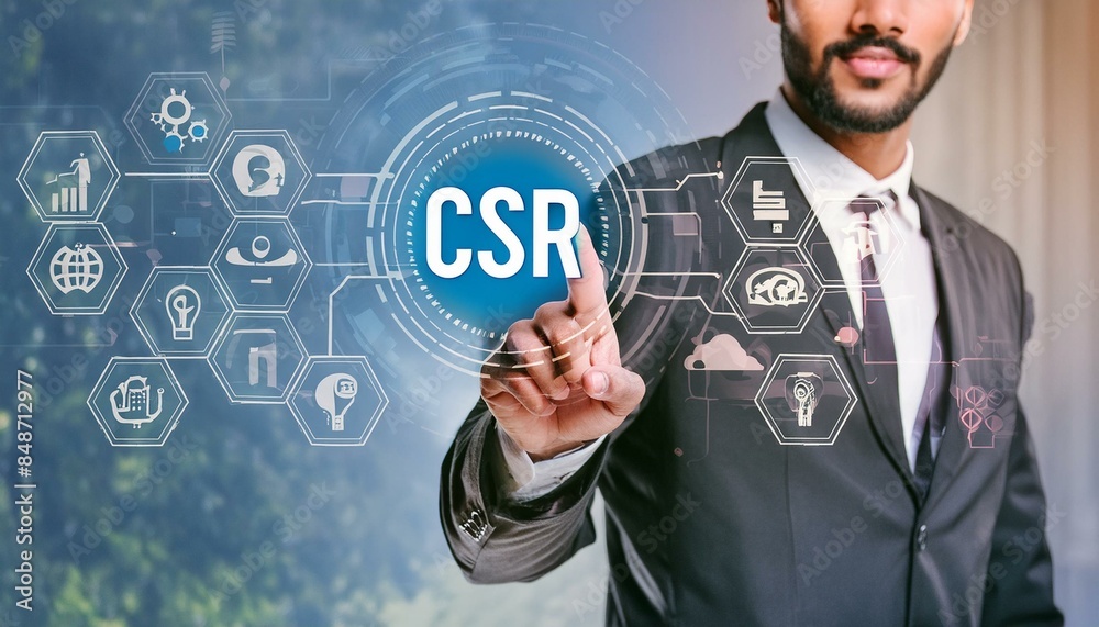 CSR Businessman touching the CSR icon and global technological ...