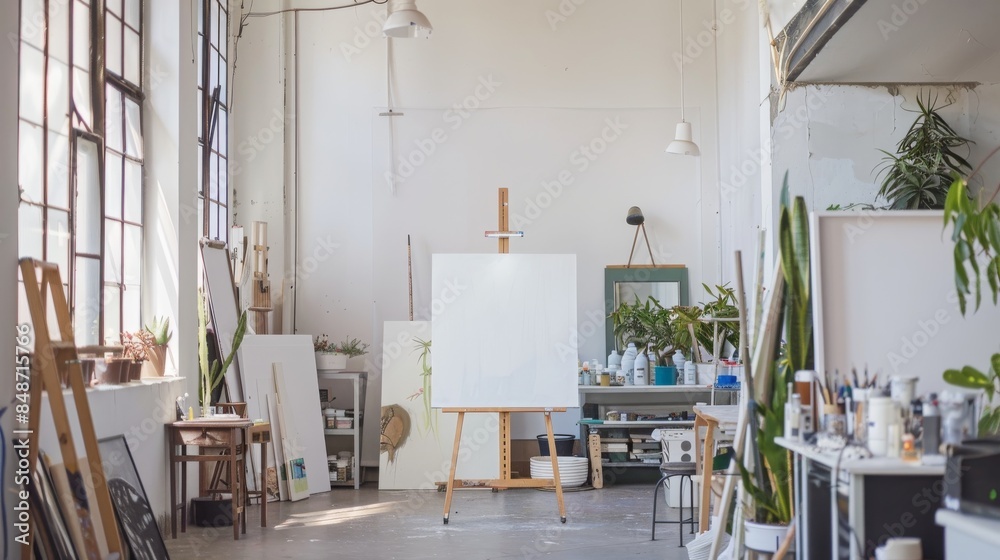 a modern art studio with minimalist design elements, showcasing a ...