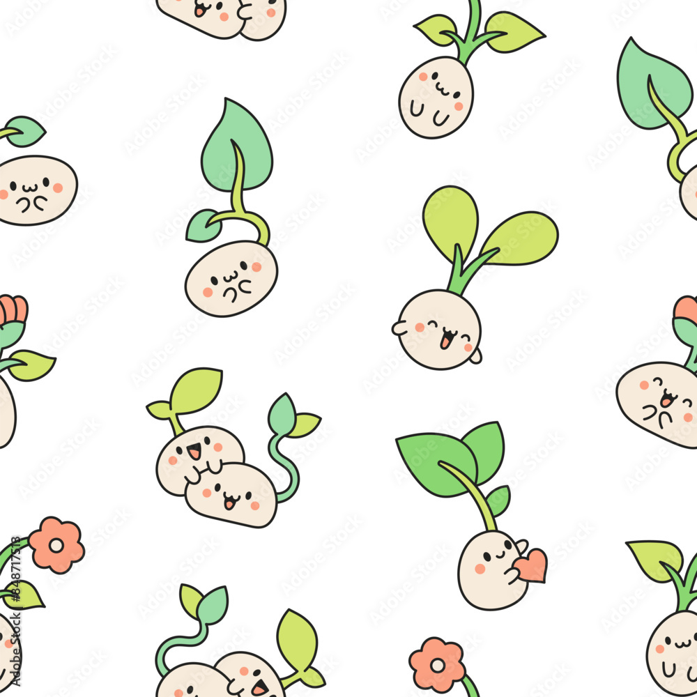 Cute kawaii seed with roots. Seamless pattern. Bean sprout. Cartoon ...