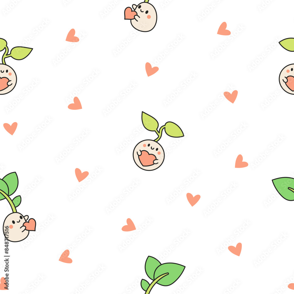 Cute kawaii seed with roots. Seamless pattern. Bean sprout. Cartoon ...
