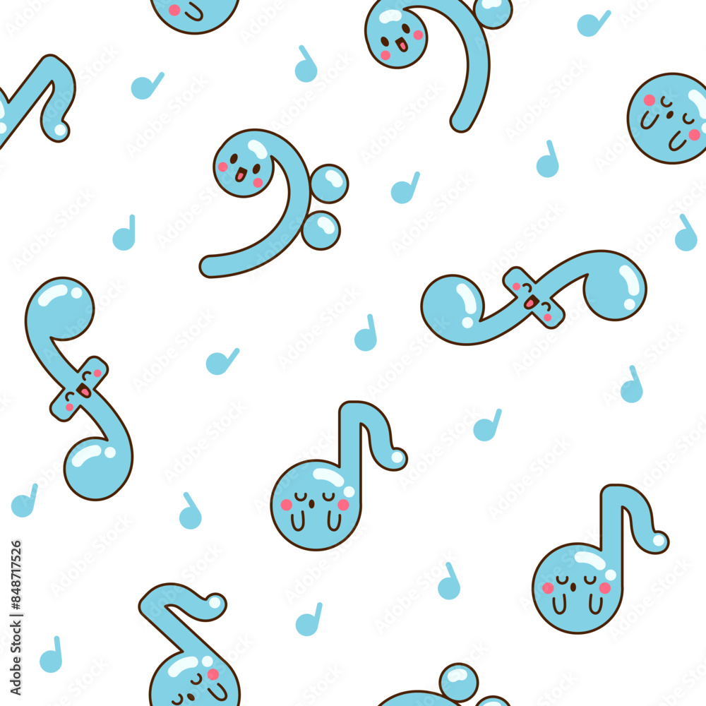 Cute kawaii music notes. Seamless pattern. Funny cartoon character ...