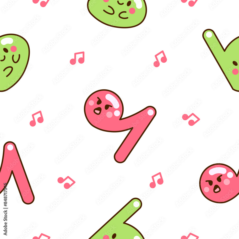 Cute kawaii music notes. Seamless pattern. Funny cartoon character ...