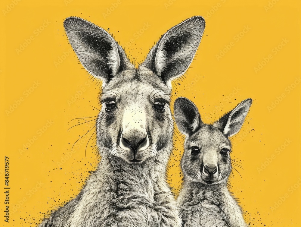Whimsical outline sketch of a kangaroo with her baby joey cuddling ...