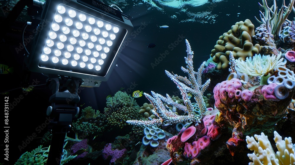 Detailed view of an underwater video light panel, emitting a bright ...