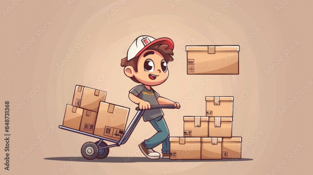 Cute Cartoon Chibi Delivery Man Pushing a Trolley Loaded with Cargo ...