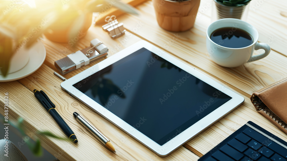 Clean tablet screen on a wooden desk in a home office, with stationery ...