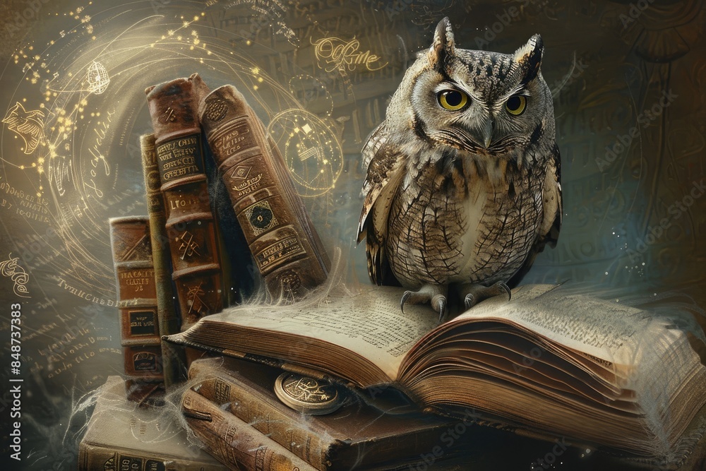 Eastern Screech Owl, perched on a stack of antique books, its feathers ...