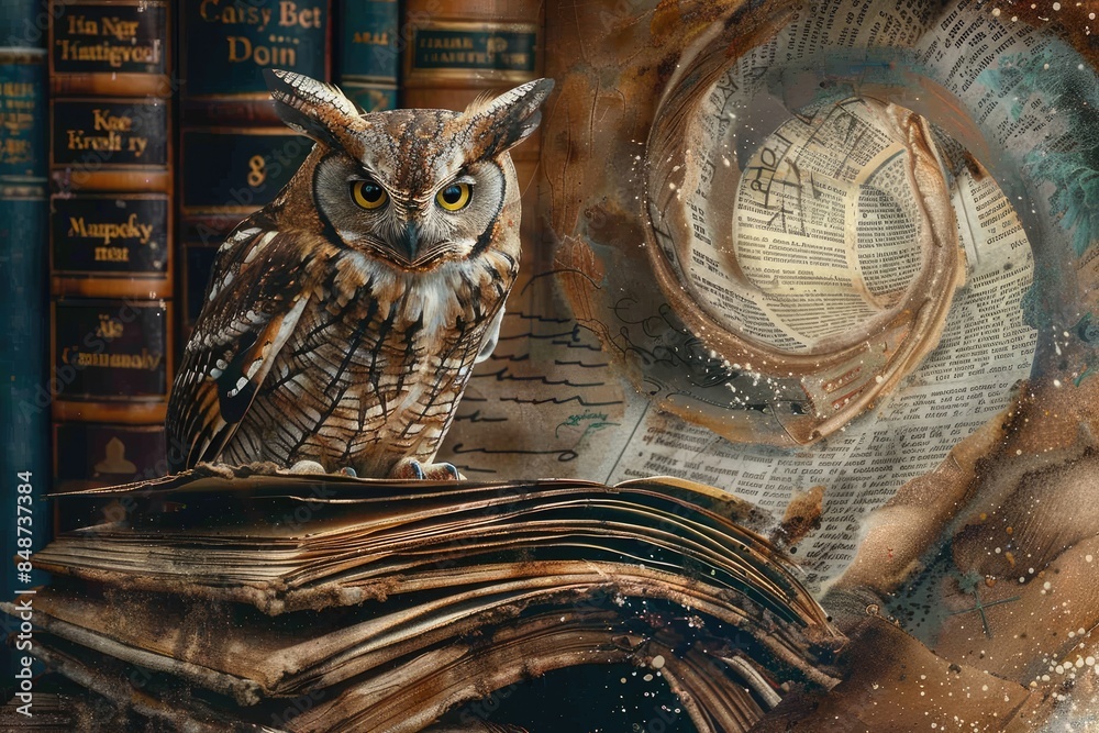 Eastern Screech Owl, perched on a stack of antique books, its feathers ...