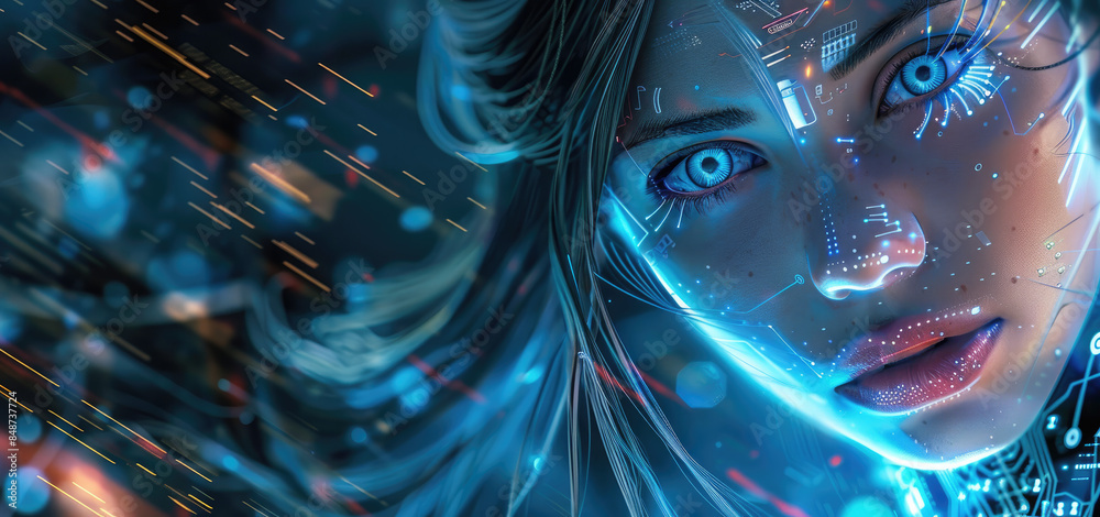 A beautiful female humanoid robot with glowing blue eyes looking ...