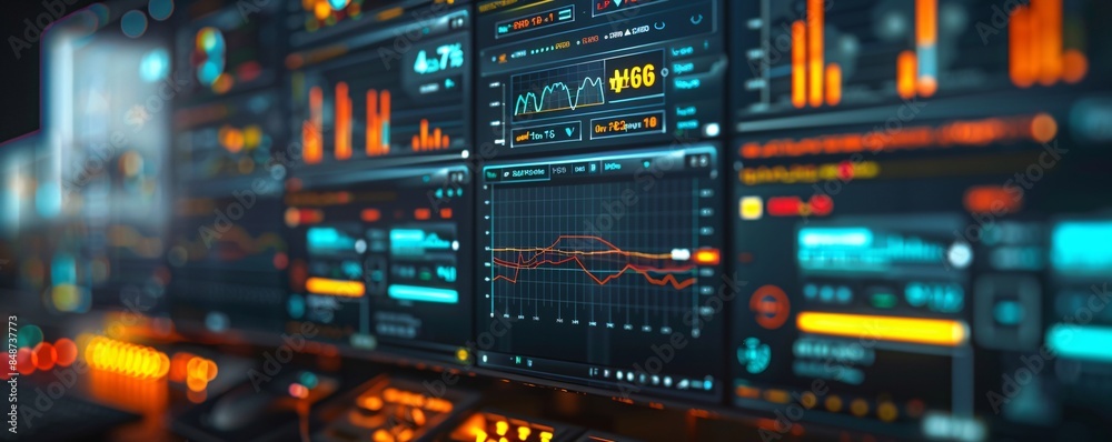 Computer monitor displaying an abstract network monitoring dashboard with real-time data ...
