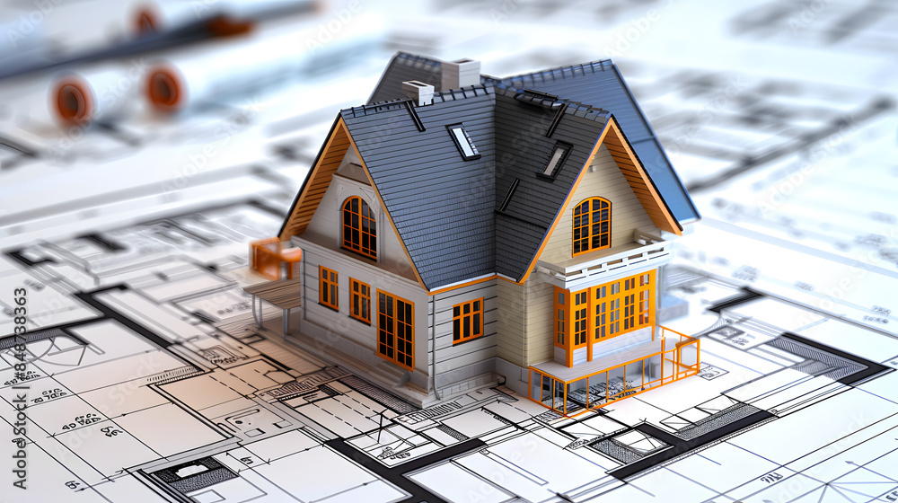 house under construction on blueprints - building project Stock Photo ...