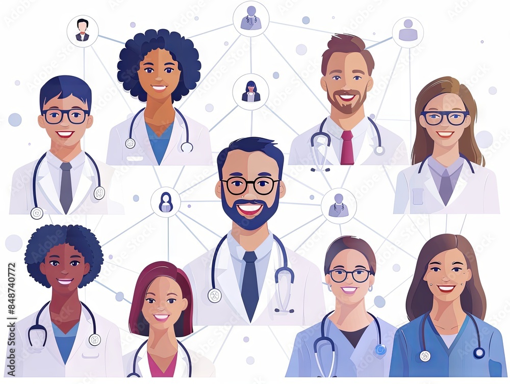 2D cartoon illustration, a group of doctors from various parts of the ...