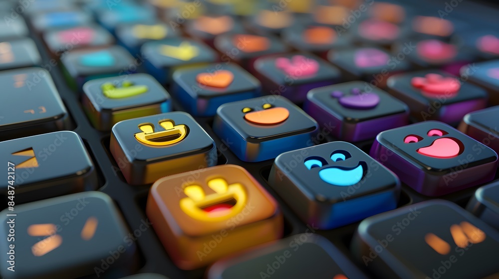 Colorful emoji keycaps on a mechanical keyboard representing digital ...