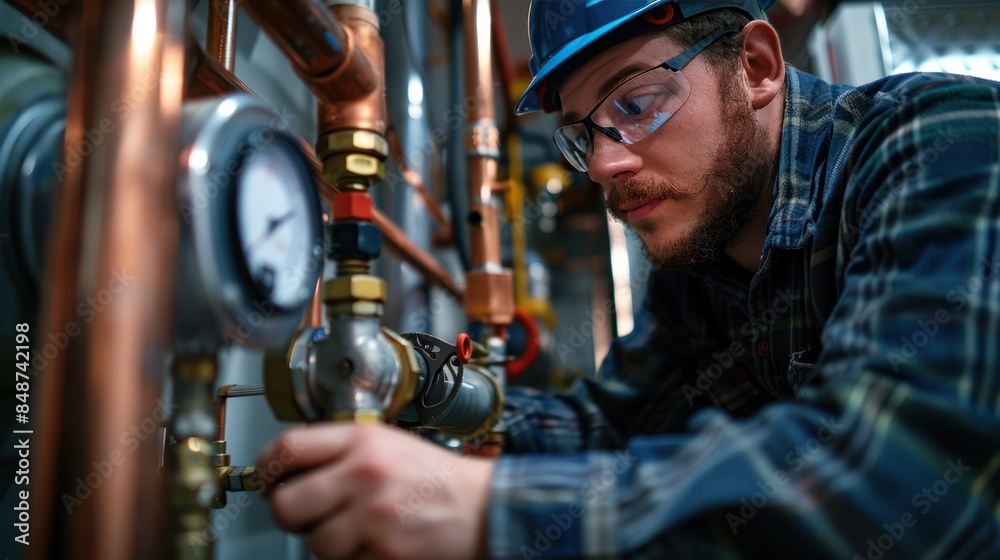 An illustration of a plumbing service concept showing a water worker ...