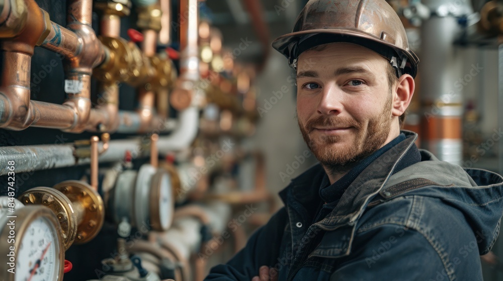 Foto de An illustration of a plumbing service concept showing a water worker with a copper ...