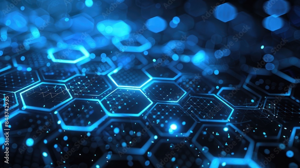 High-tech digital interface with a mesh of glowing hexagons and intricate geometric patterns ...