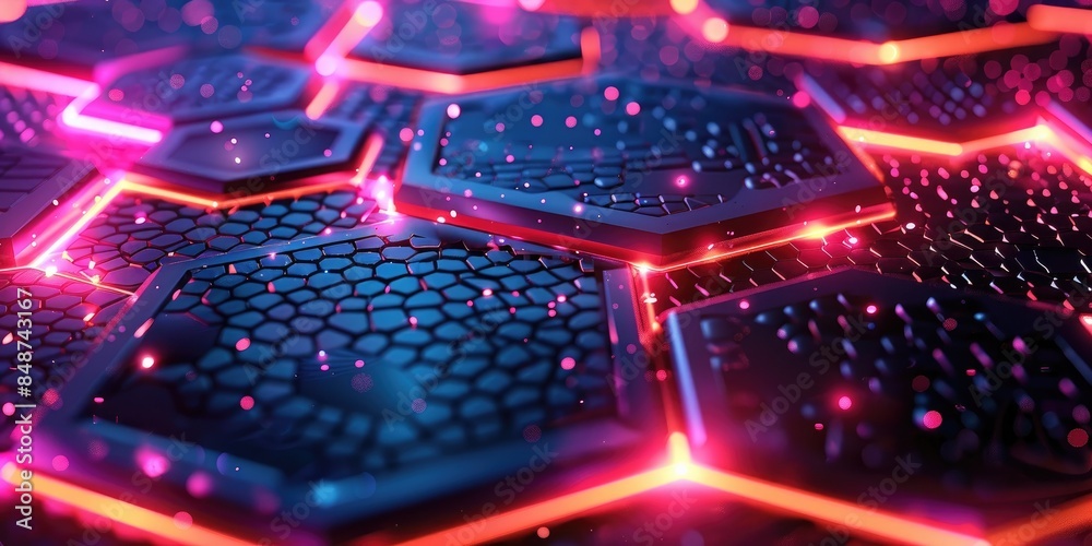 Modern digital background with a hexagonal grid and glowing neon ...