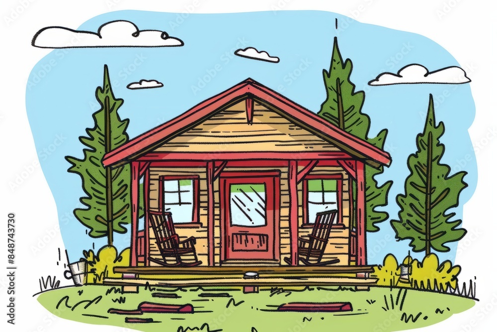 Cartoon cute doodles of a cabin with a wraparound porch and rocking ...