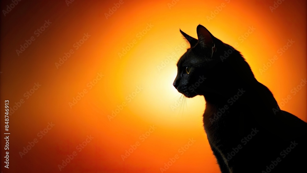 Black cat profile silhouette on vibrant orange background, black cat ...