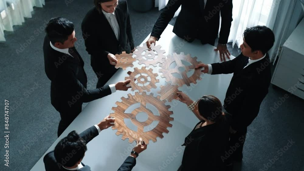 Top view of smart business people gather wooden cog together at meeting ...