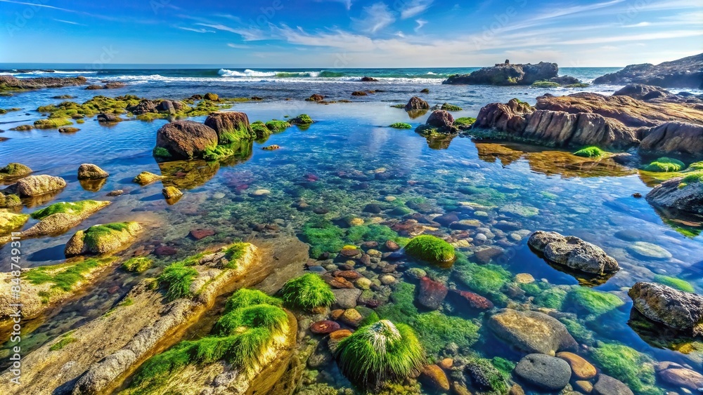 Rocky beach shore with tide pools, seaweed, and diverse marine life ...