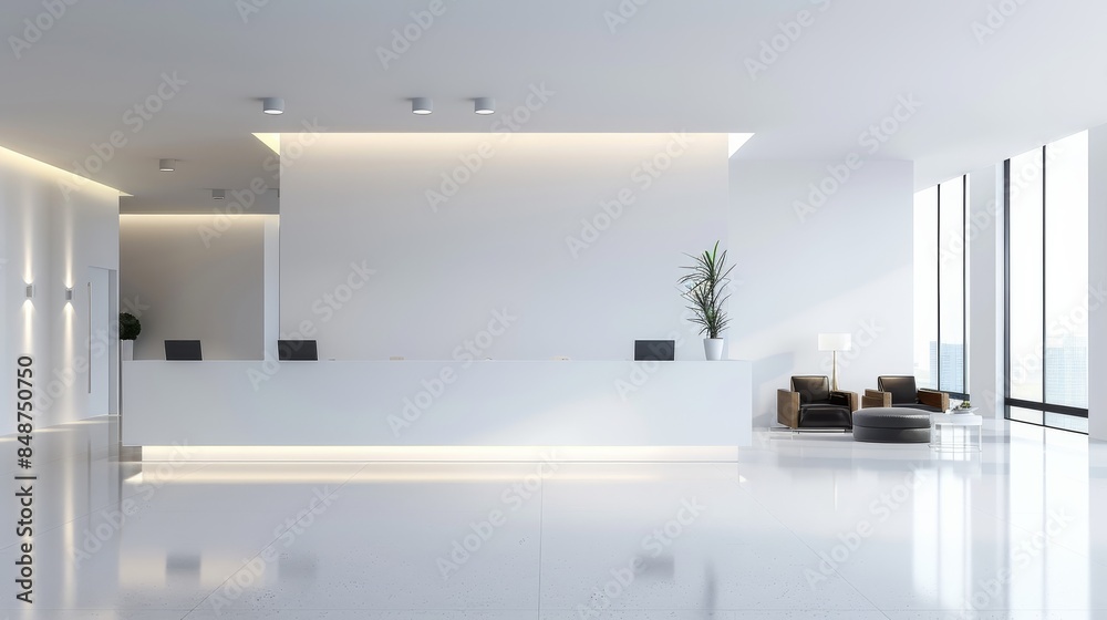 a sleek and minimalist office lobby with a pristine white canvas as a ...