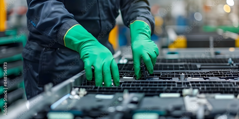 Engineers in green gloves disassembling electric vehicle battery in ...