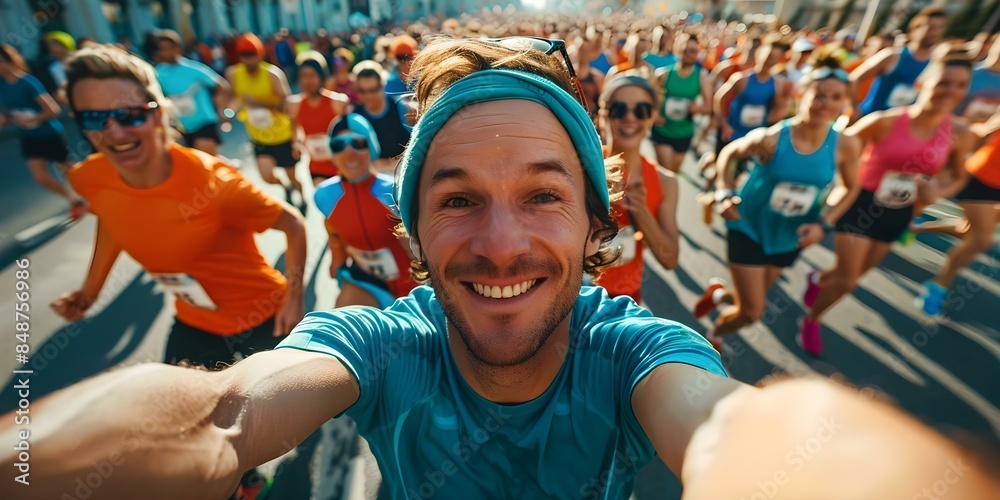 Marathon runner takes selfie with city backdrop among other runners in ...