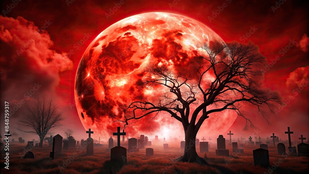 Horror graveyard scene with ghostly tree silhouettes under a bloody red ...