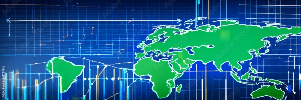 Blue Arrows going up from left to right with a map of the world in the ...