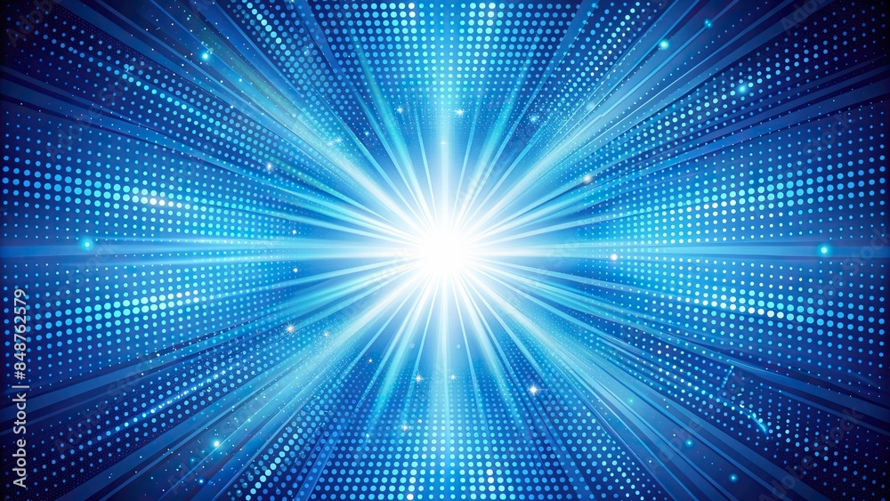 Intense blue radial burst with sparkling halftone dots background, blue ...
